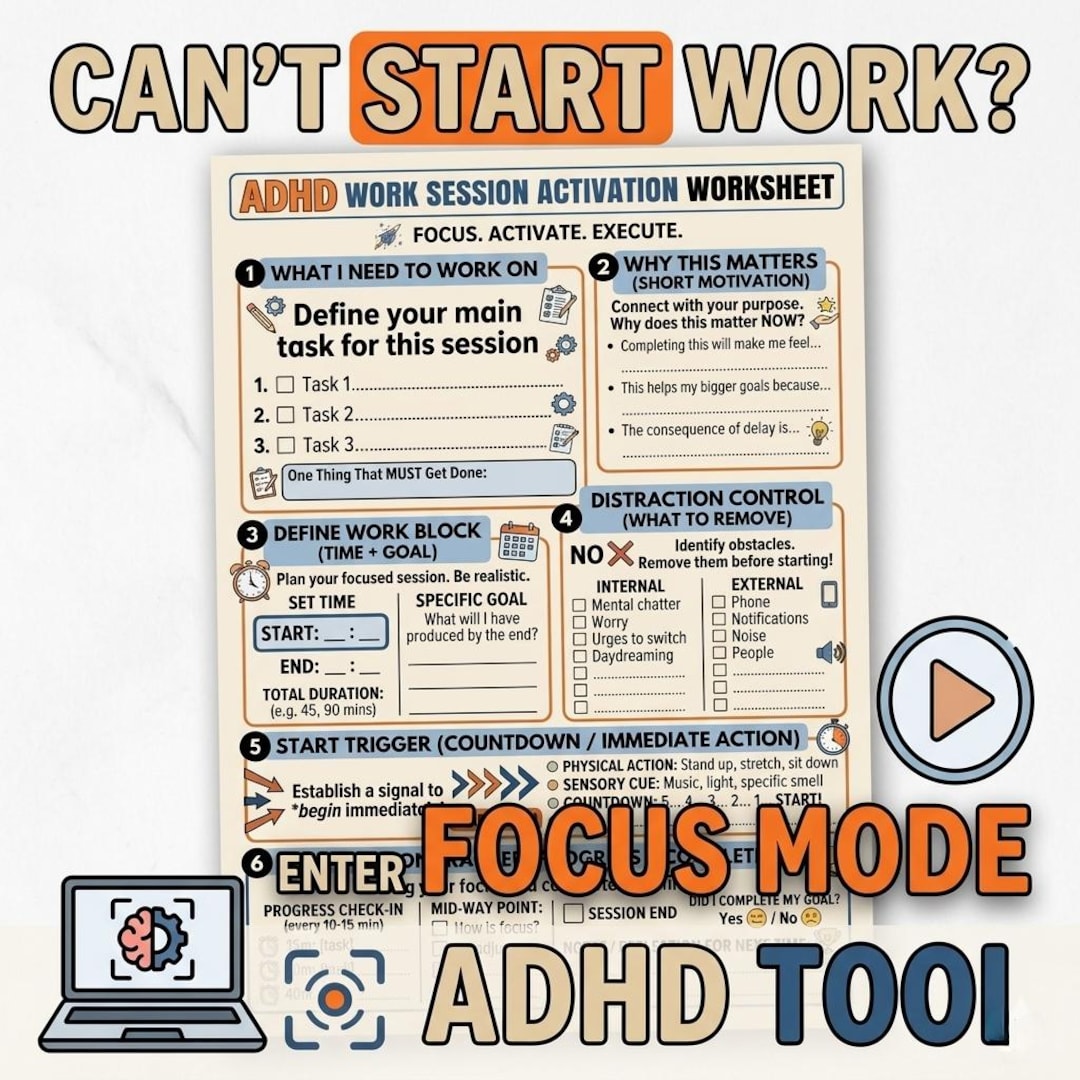 ADHD Work Session Printable, Start Work Tool, Focus Mode Activation ...