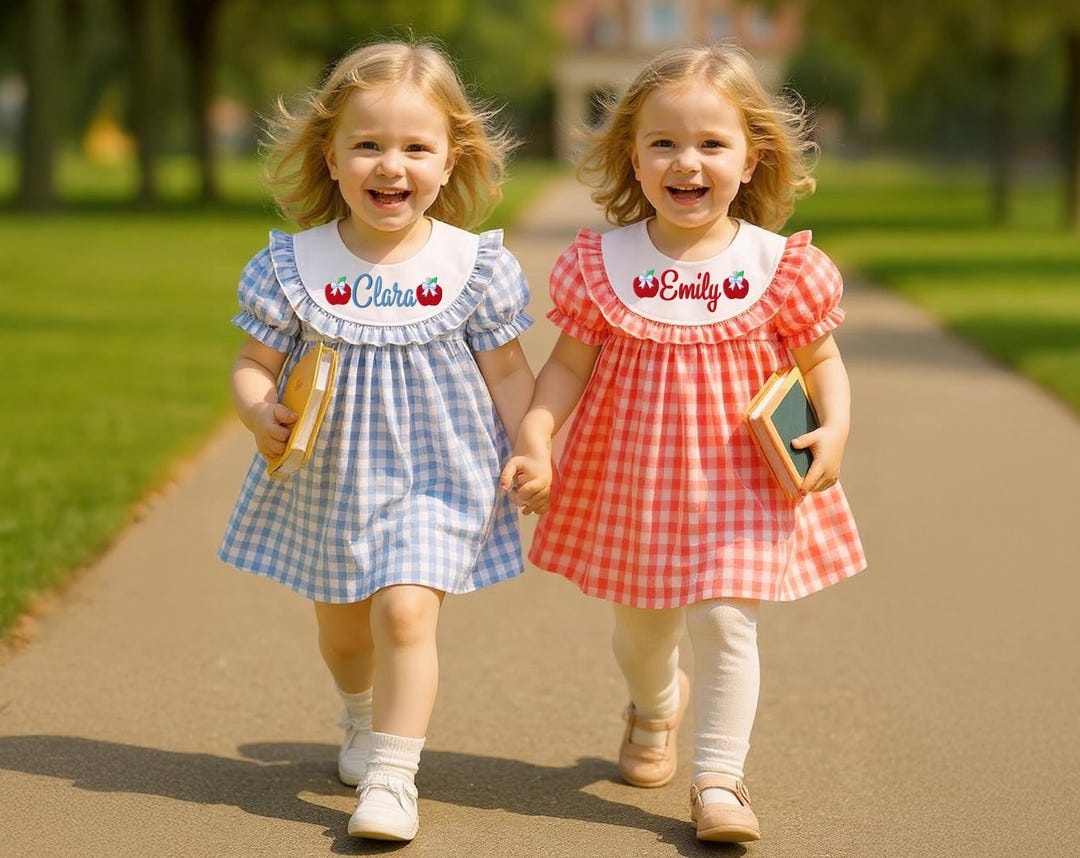 Back to School Dress for Girls – Red Gingham Puff Sleeve – Monogram ...
