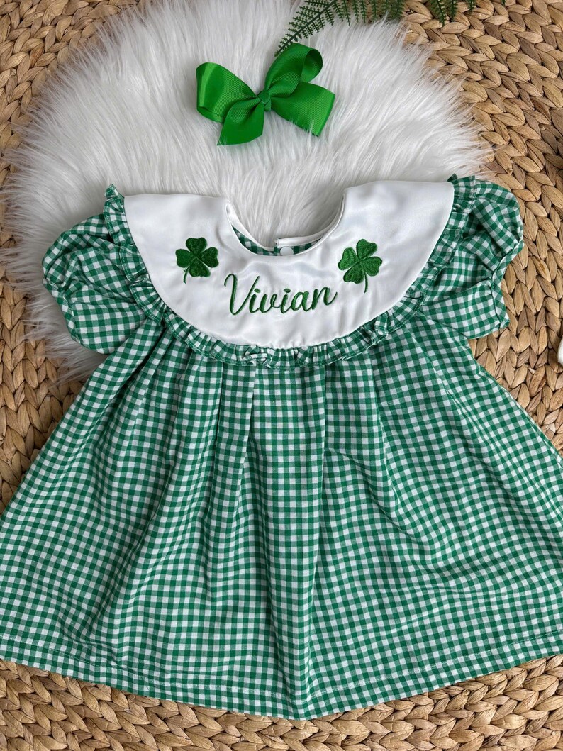 Shamrock St. Patrick's Day Dress in Green Gingham, Embroidered ...