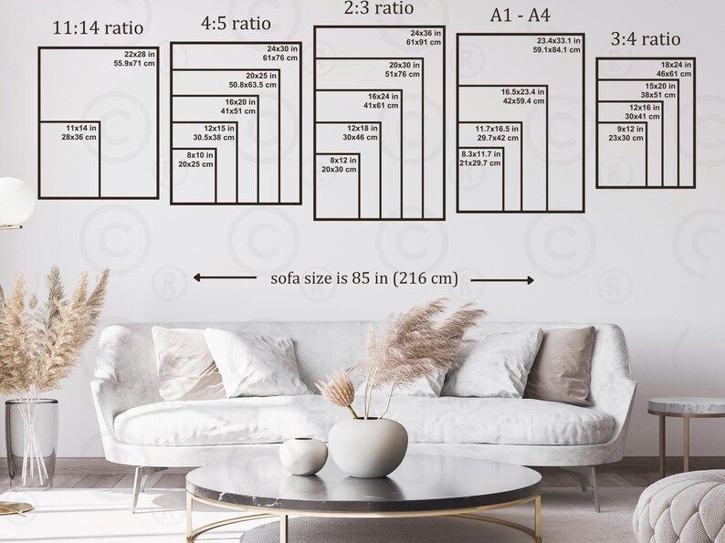 Wall Art Size Guide ISO A1-A4 Bundle of 6 Pcs + Editable Option in ...