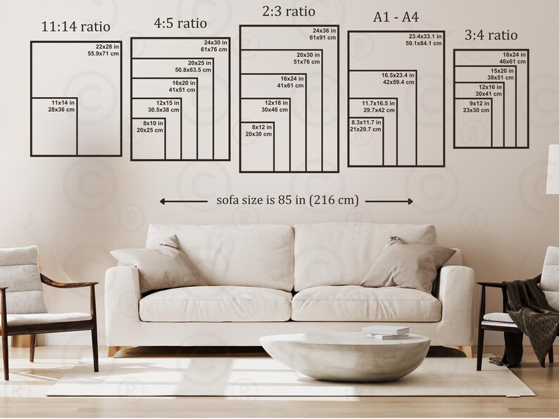 Wall Art Size Guide ISO A1-A4 Bundle of 6 Pcs + Editable Option in ...