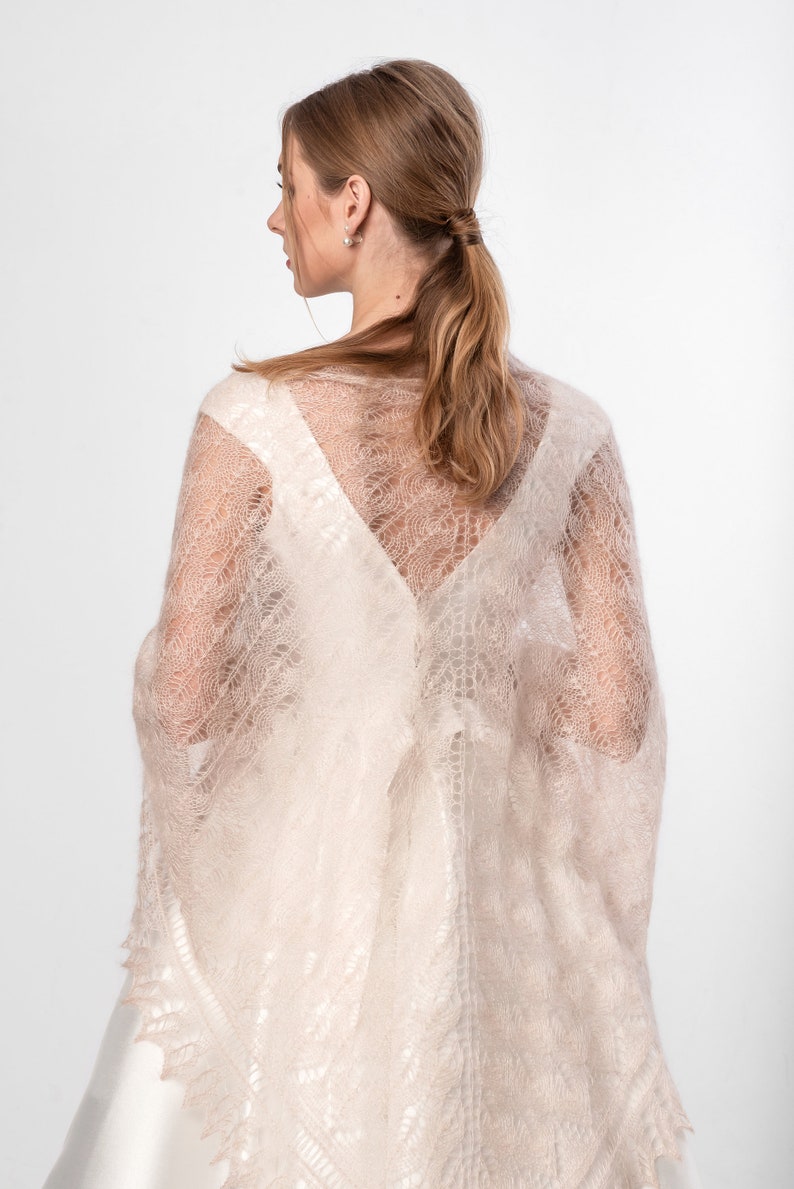 Wedding Knitted Lace Shawl in Mohair and Silk Yarn Color Ivory | Etsy