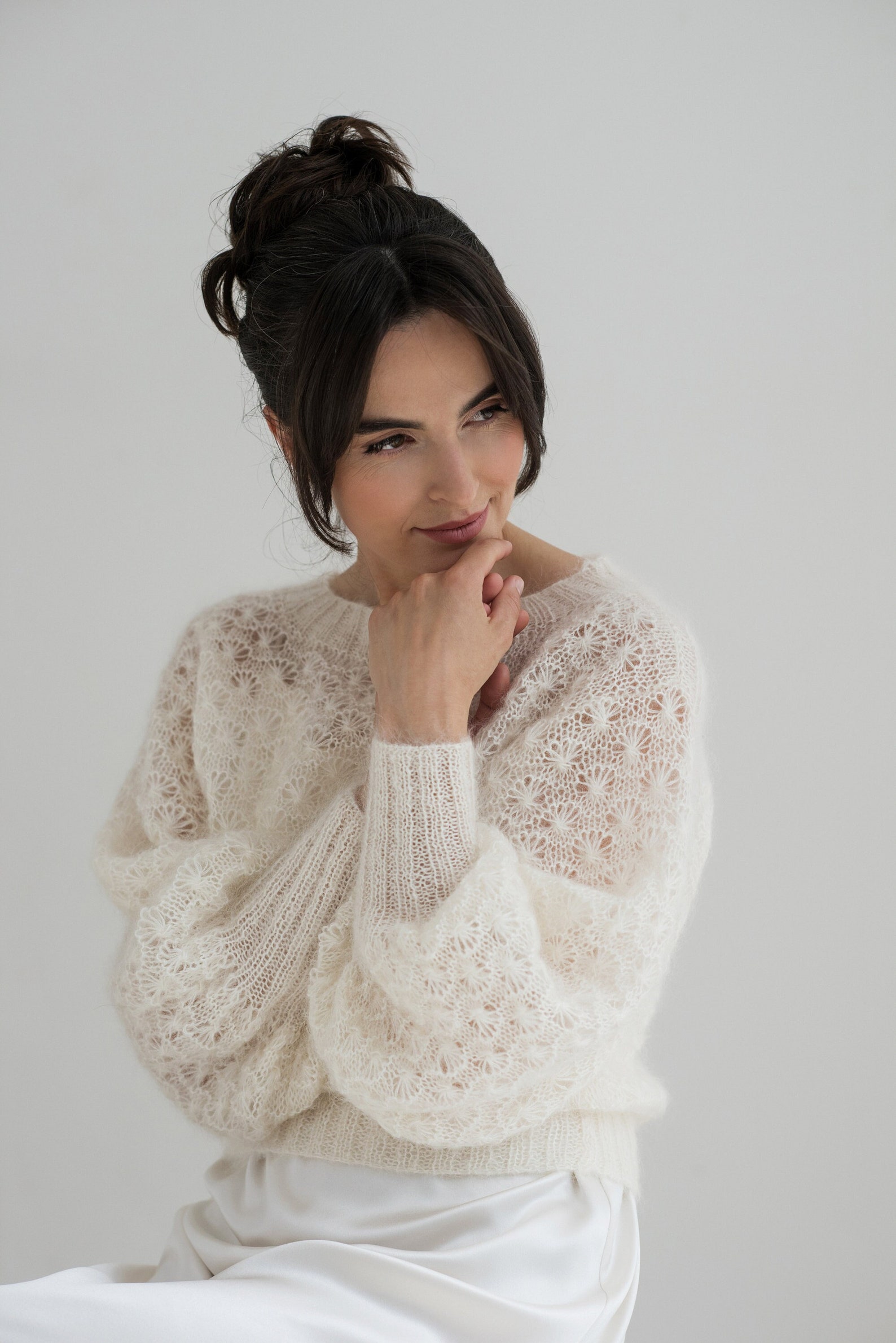 Off White Mohair Wedding Sweater, Ivory Bridal Silk Mohair Jumper, Puff ...