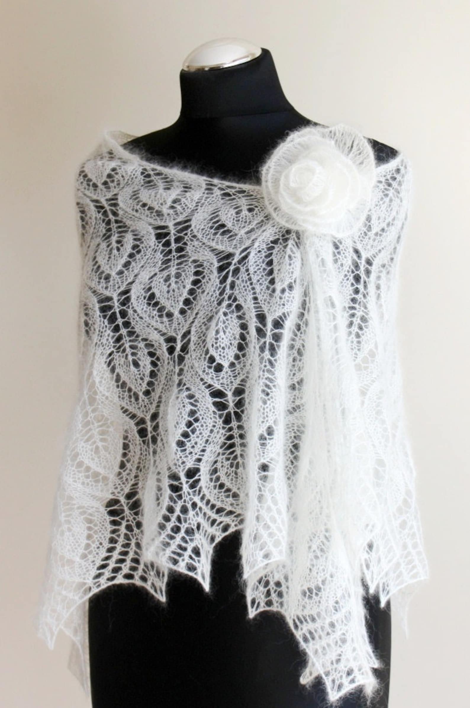 Wedding Lace Shawl, Handknitted Bridal Shawl, Ivory Stole, Mohair With ...
