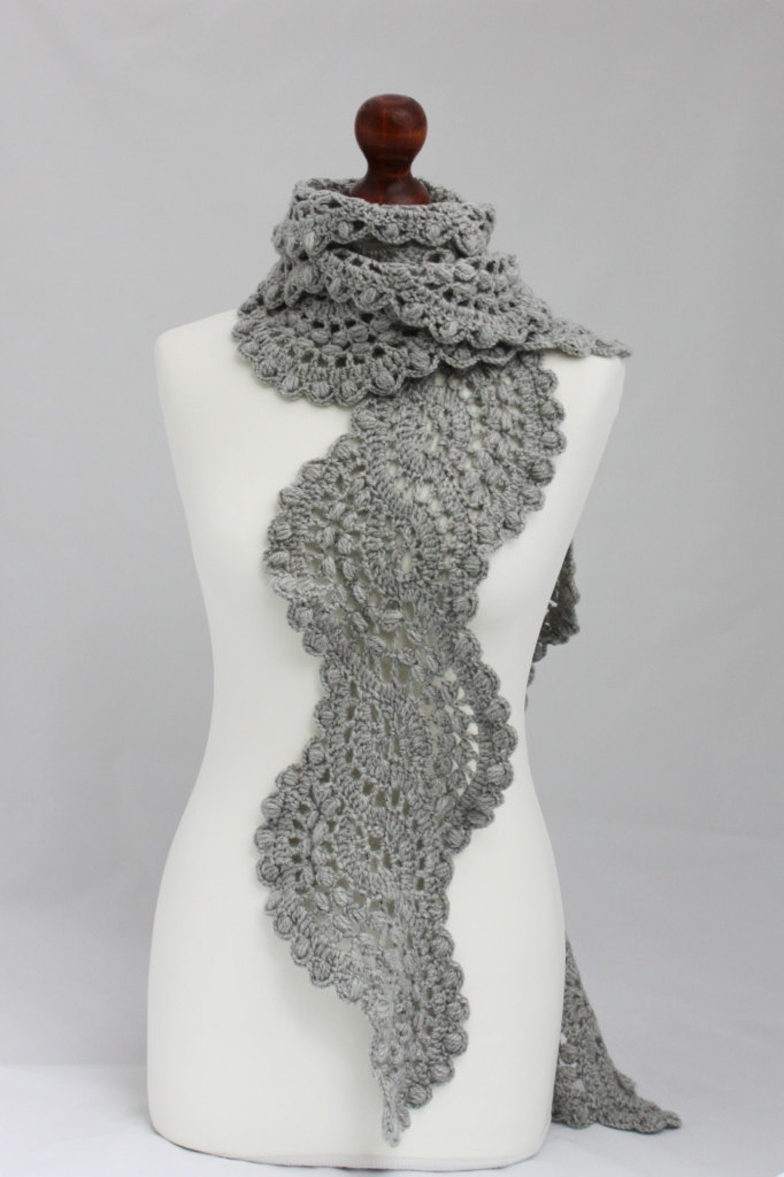 Grey Color Crocheted Scarf, Laces Scarf, Wool Grey Scarf, Bohemian ...