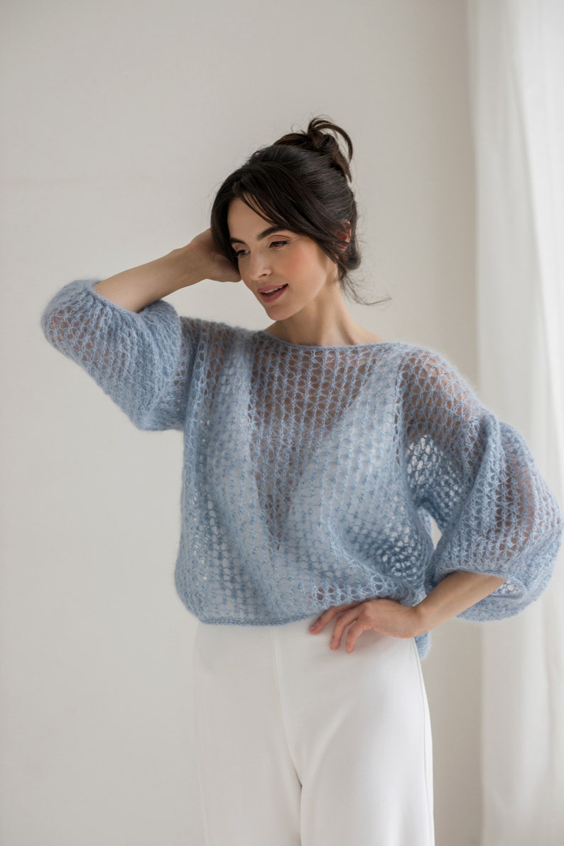 Blue Mohair Wedding Sweater, Sky Blue Bridal Silk Mohair Pullover, Mohair Sky Blue Wrap, Puff ...