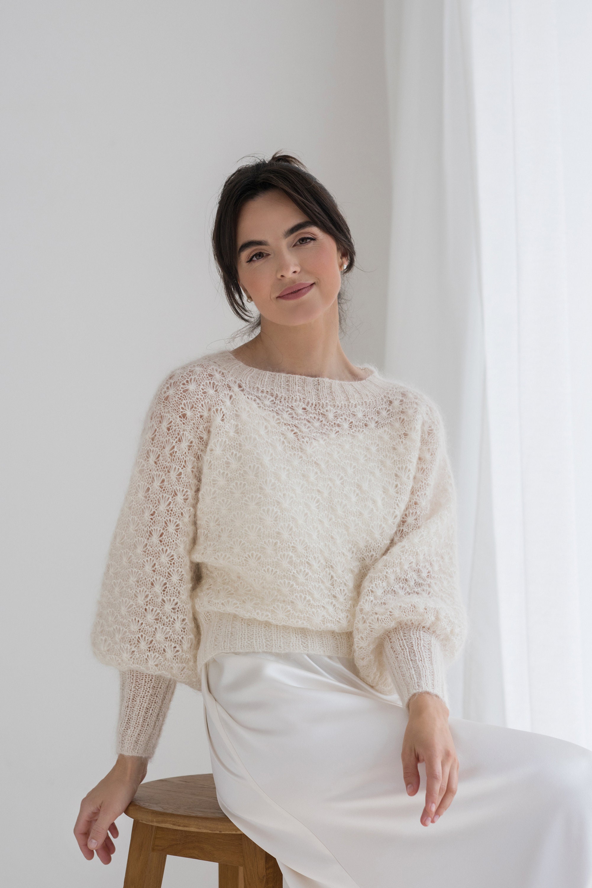 Off White Mohair Wedding Sweater, Ivory Bridal Silk Mohair Jumper, Puff ...