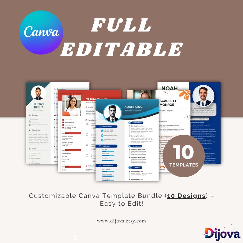 10-in-1 Resume Template Bundle Professional & Modern CV Designs Editable in Canva 10 Fully ...
