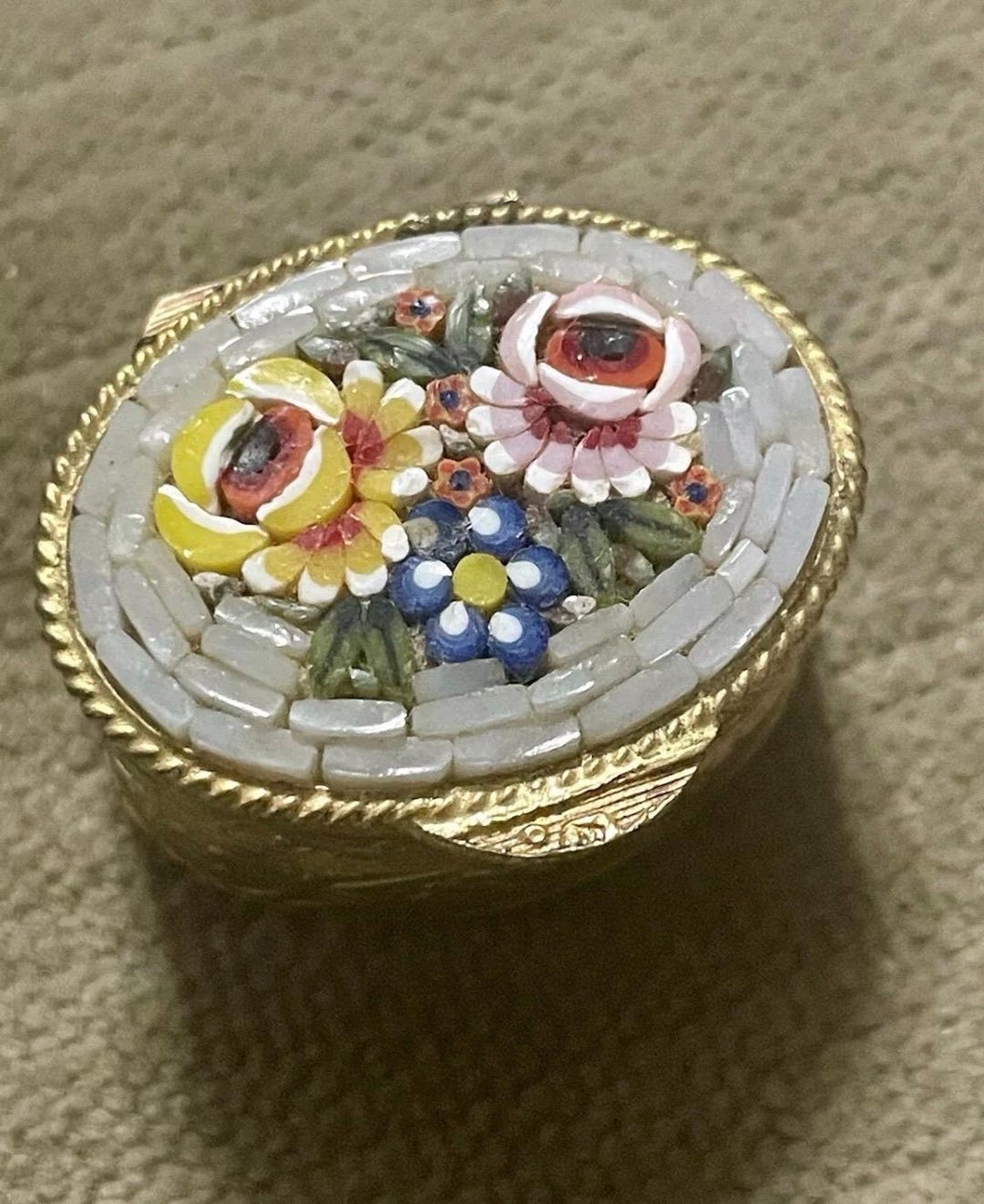 Vintage Italian Micro Mosaic Pill Box, Floral, Goldtone - Etsy