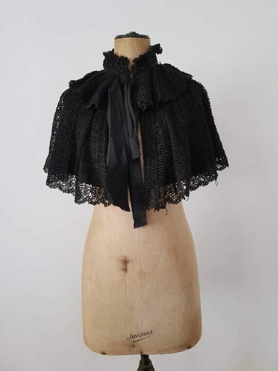 Antique French Black Lace Capelet Cape Ribbon Bow Beaded | Etsy