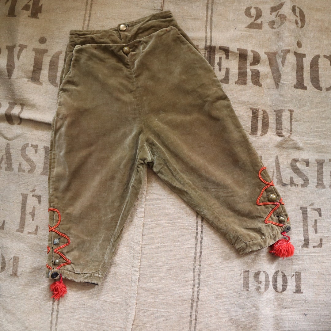 1930s French Green Velvet Breeches Theatre Costume Orange Trim Pom Poms ...