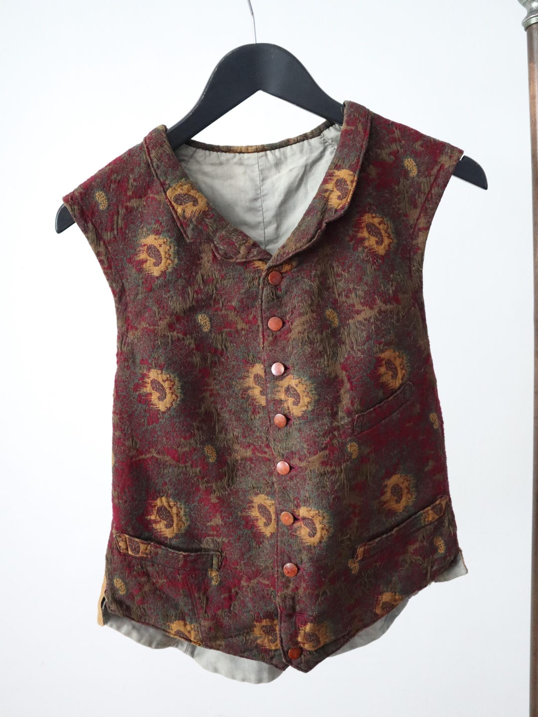 Antique French Woven Wool Waistcoat: Paisley Vest, PARIS SOLIDE Buckle ...