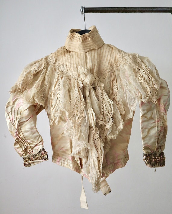 Antique French Silk Bodice Pink Cream Silk Lace Chiff… - Gem