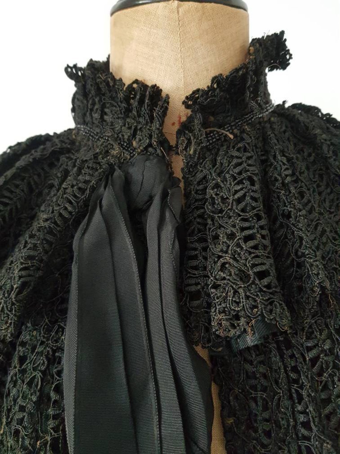 Antique French Black Lace Capelet Cape Ribbon Bow Beaded | Etsy