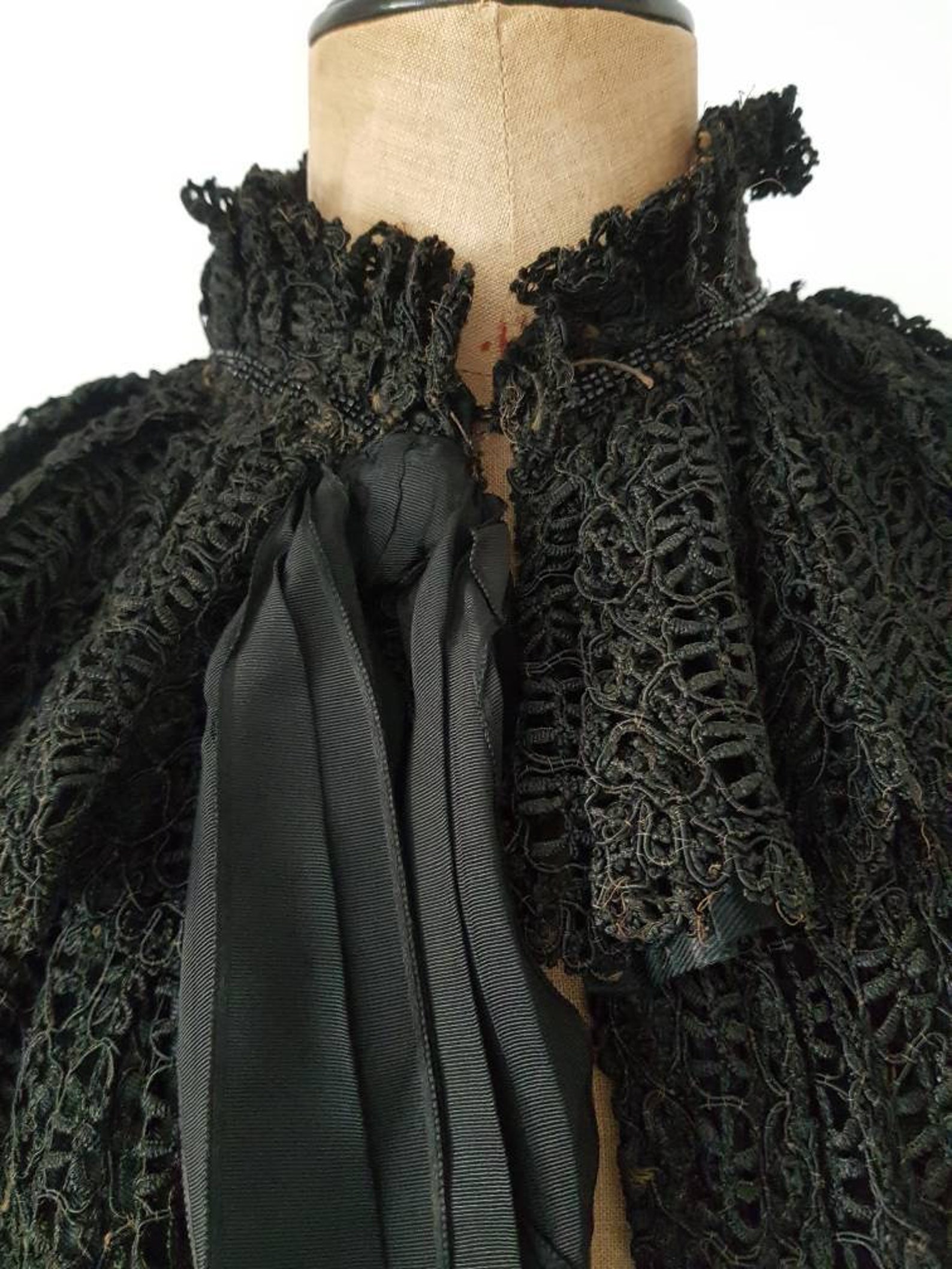 Antique French Black Lace Capelet Cape Ribbon Bow Beaded | Etsy