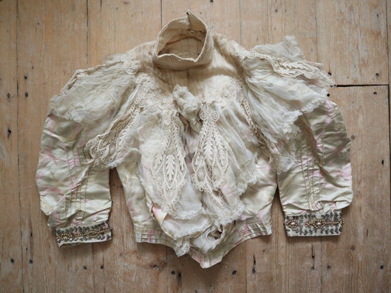 Antique French Silk Bodice Pink Cream Silk Lace Chiff… - Gem