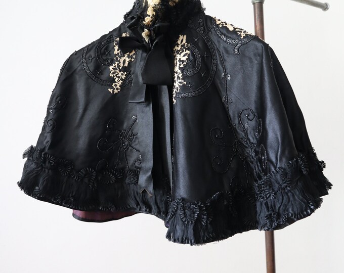 Antique French Silk Cape Chiffon Ruffles Cream Crochet Appliqué Beaded ...