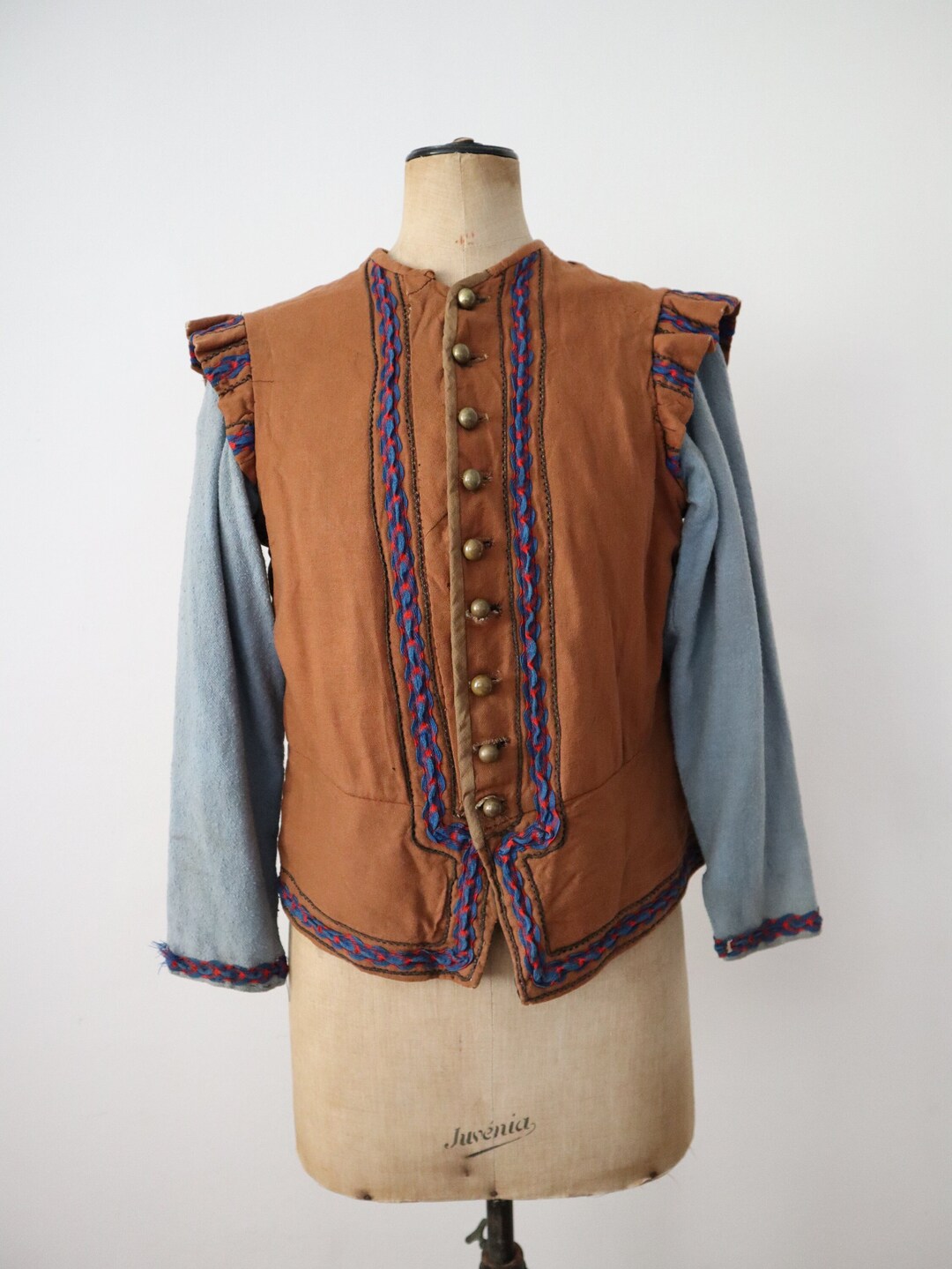 Antique French Theatre Costume Jacket Brown Cotton Blue Sleeves Ribbon ...