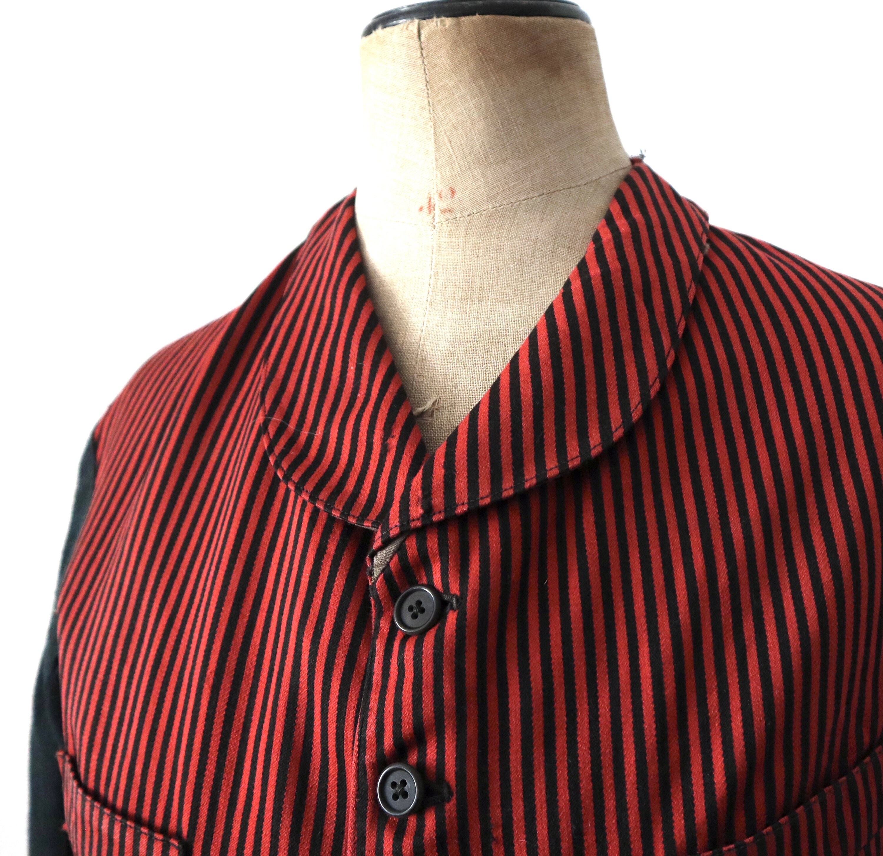1920s French Red and Black Striped Workwear Jacket Servant Cinch Back ...