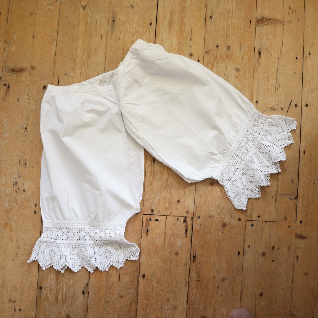 Antique French Bloomers White Cotton Edwardian Crochet Lace Trim Long ...