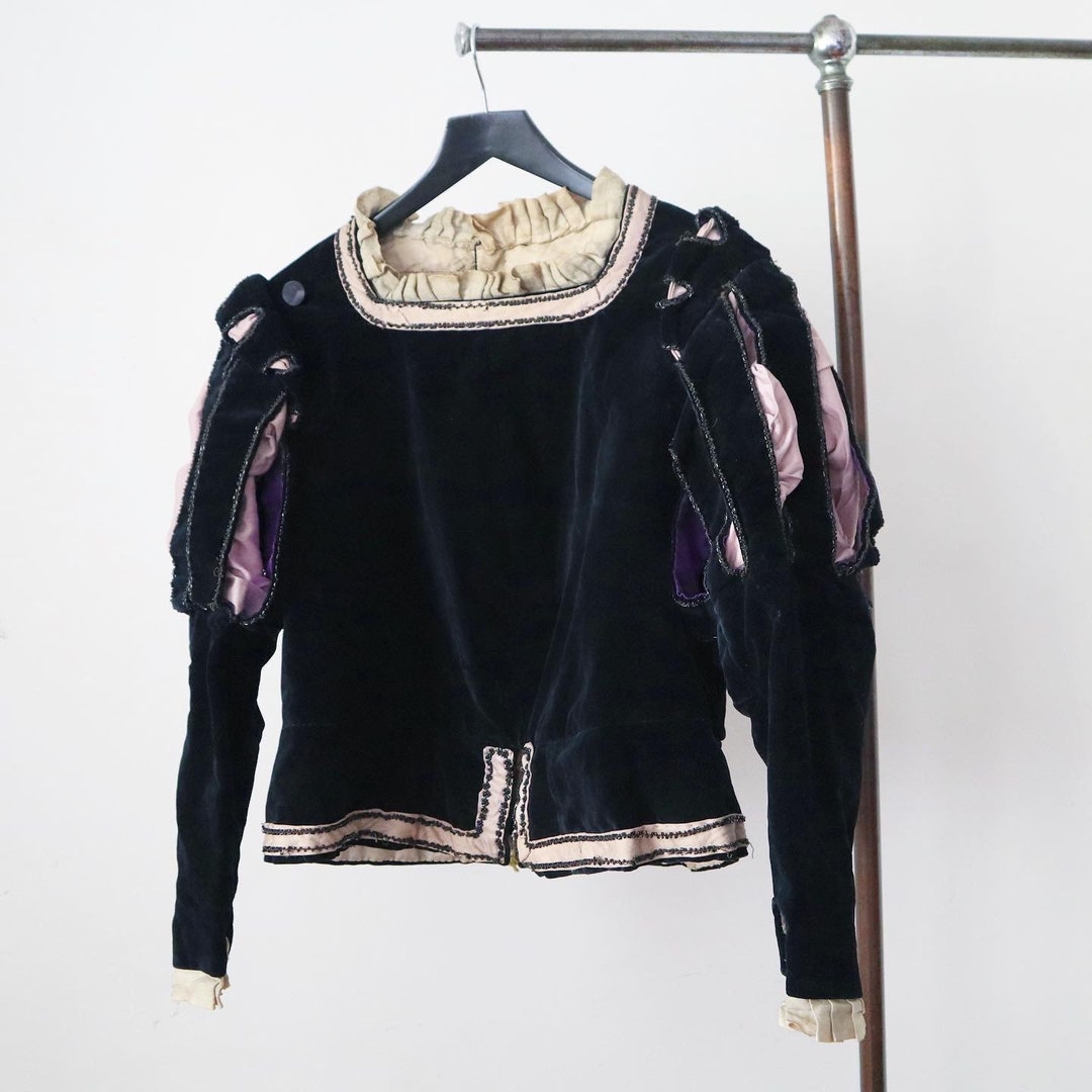Antique 19th Century French Black Silk Velvet Bodice Lilac Silk Trim ...