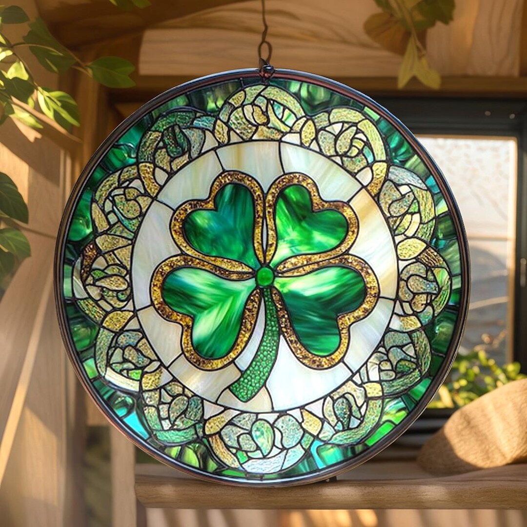 Lucky Shamrock Stained Glass Suncatcher, Four-leaf Clover Window ...
