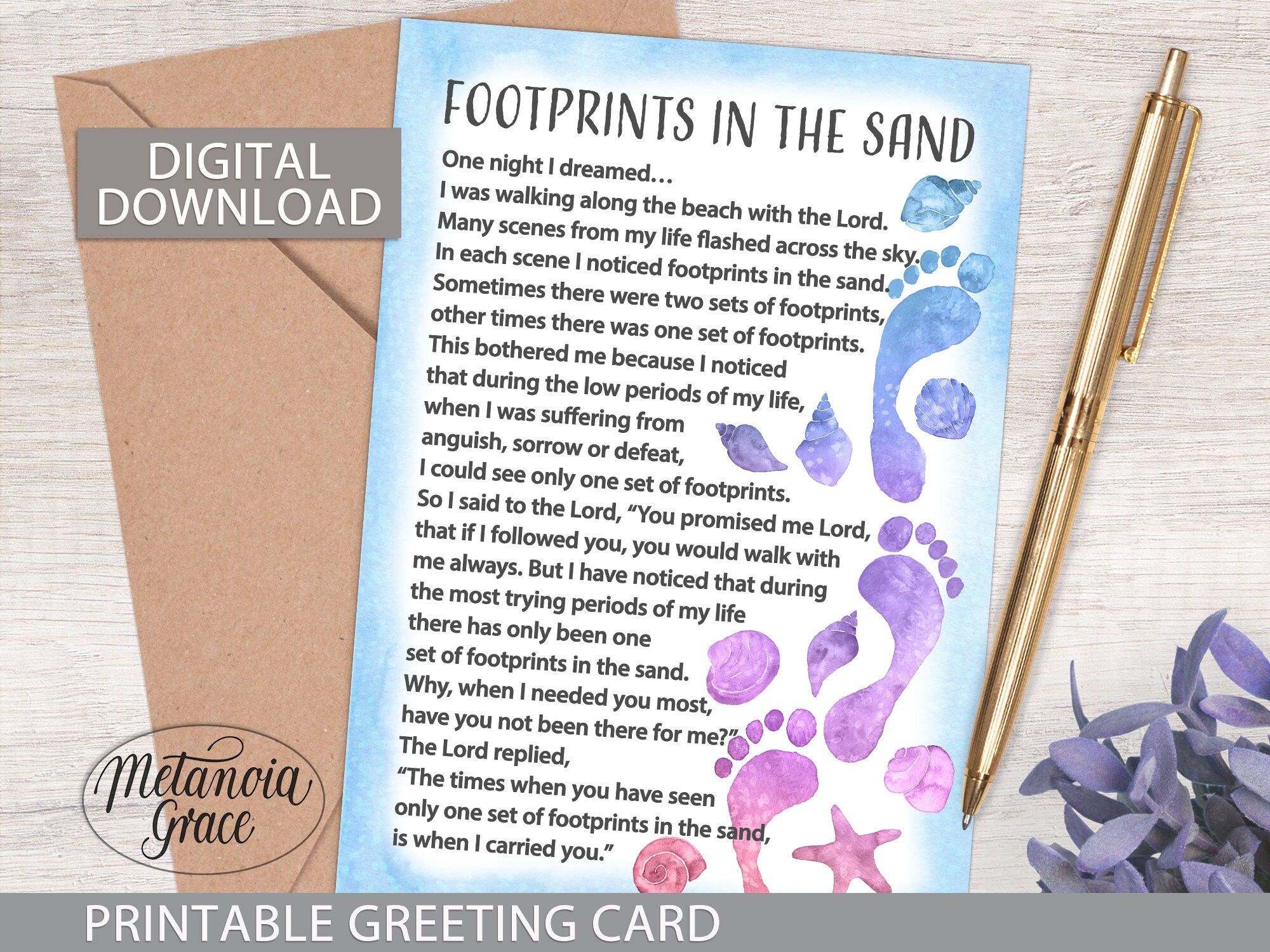 Footsteps in the Sand Card, Footprints in the Sand Card, Printable Card ...