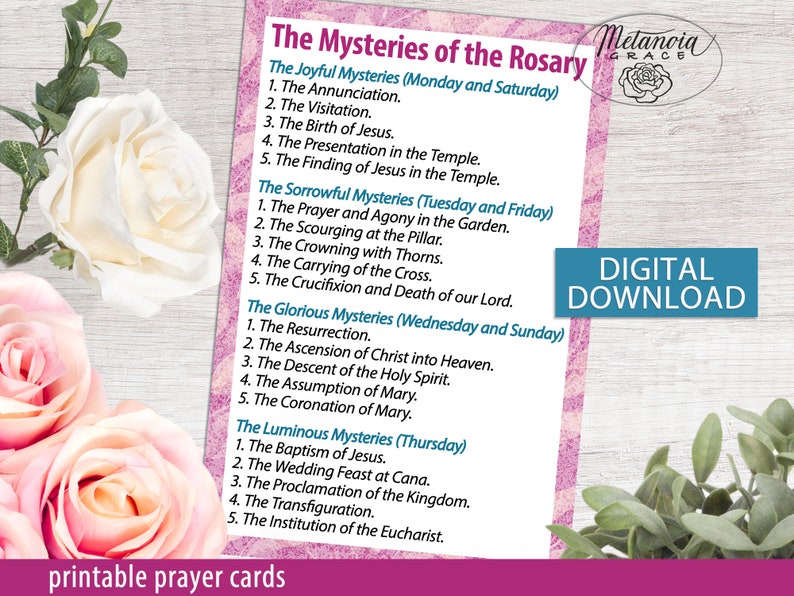 Printable Rosary Prayer Cards, Holy Rosary Diagram, Catholic Rosary ...