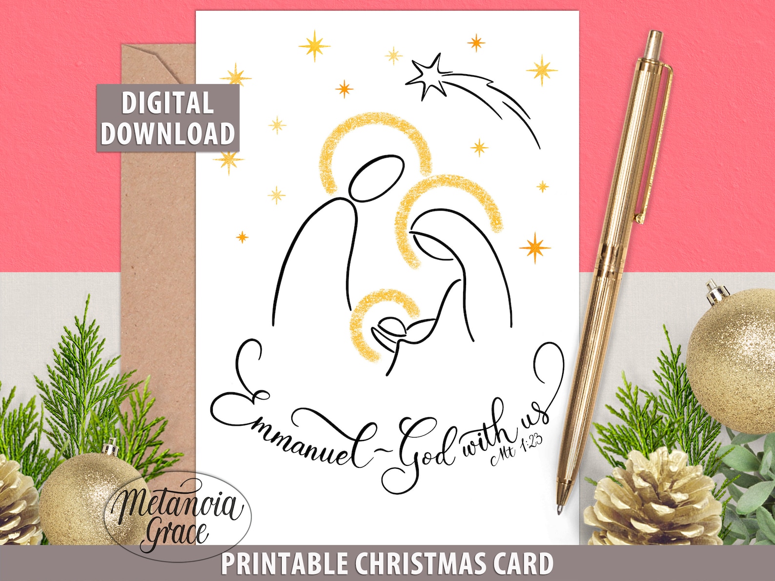 Printable Nativity Christmas Card, Religious Christmas Card, Emmanuel ...