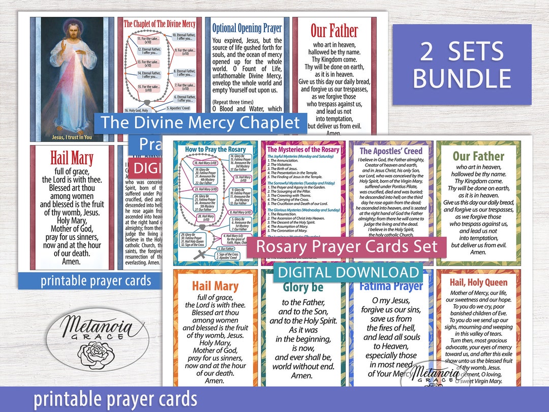 Printable Prayer Cards Bundle, Rosary Prayer Cards, Divine Mercy ...