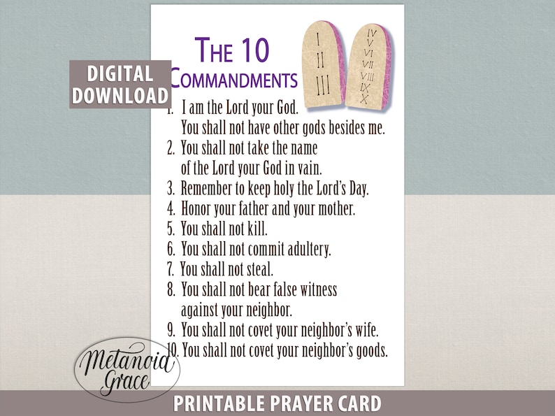 The Ten Commandments Prayer Card, Printable Card 10 Commandments, the ...