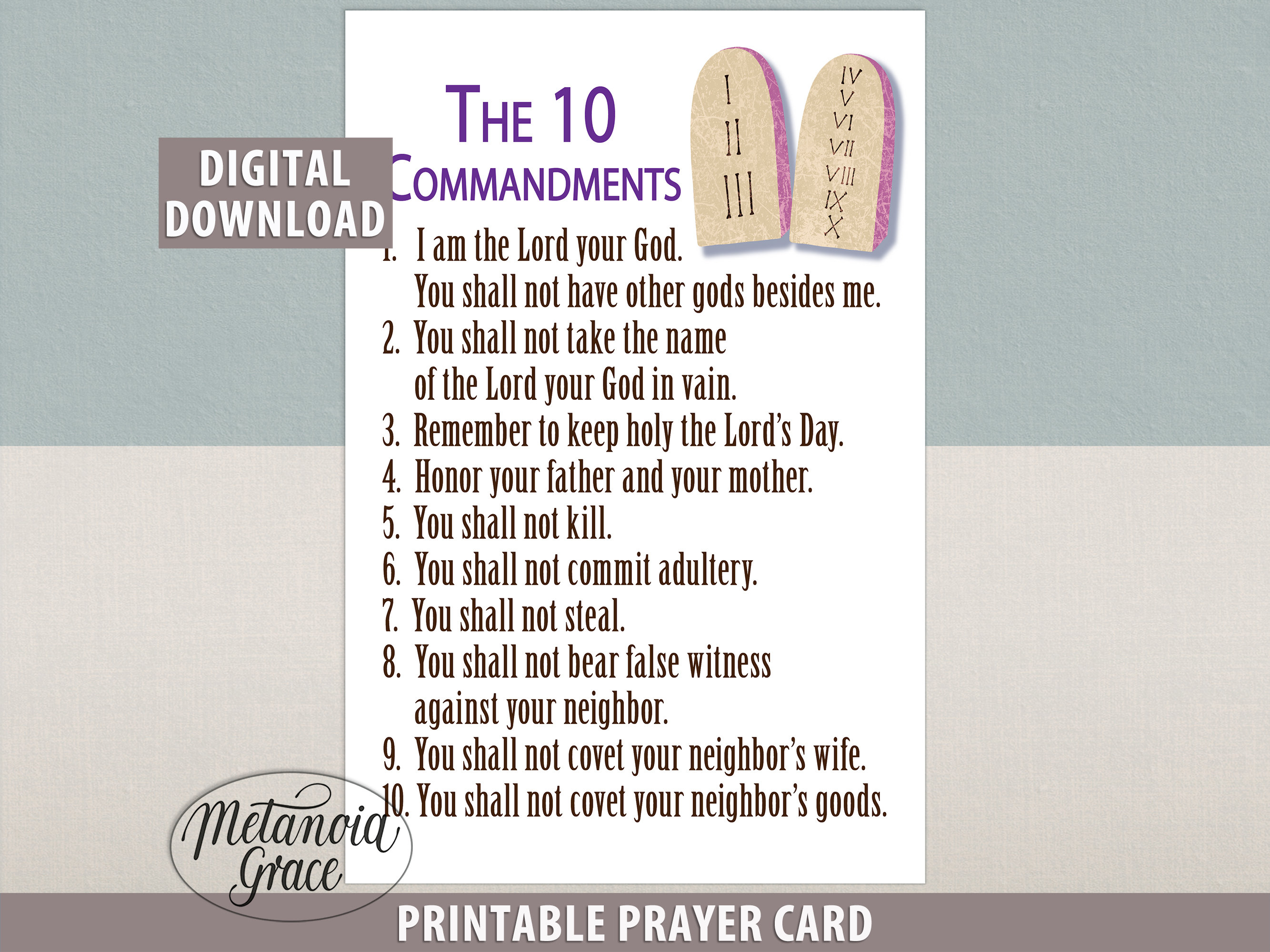 The Ten Commandments Prayer Card, Printable Card 10 Commandments, the ...
