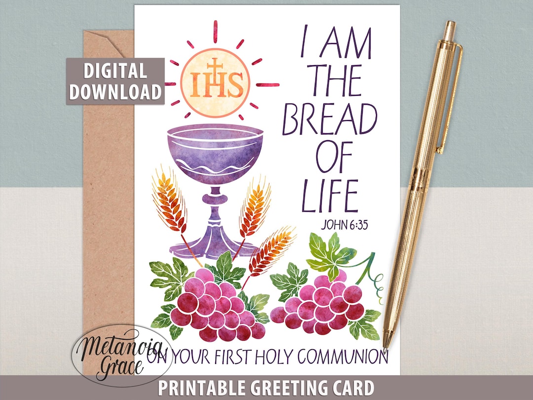 Printable First Holy Communion Card, I Am the Bread of Life, Bible ...