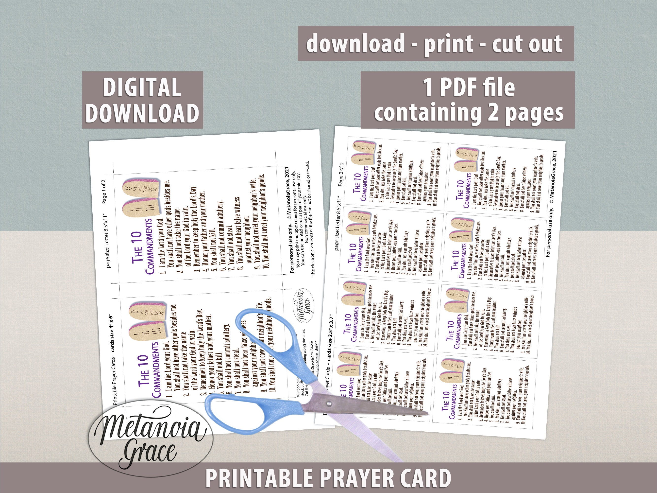 The Ten Commandments Prayer Card, Printable Card 10 Commandments, the ...