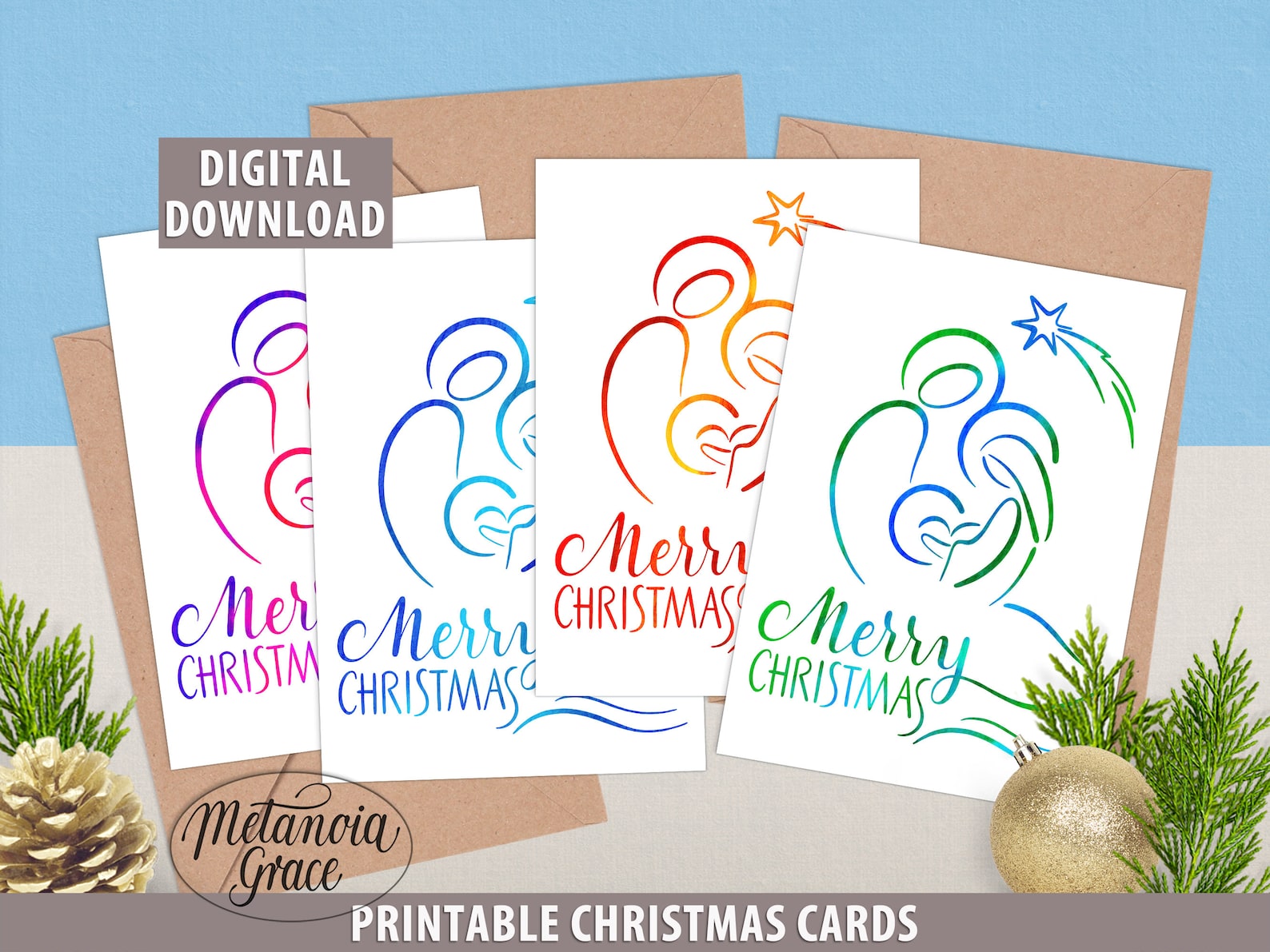 Printable Christian Christmas Cards Set of 4, Religious Christmas Cards ...