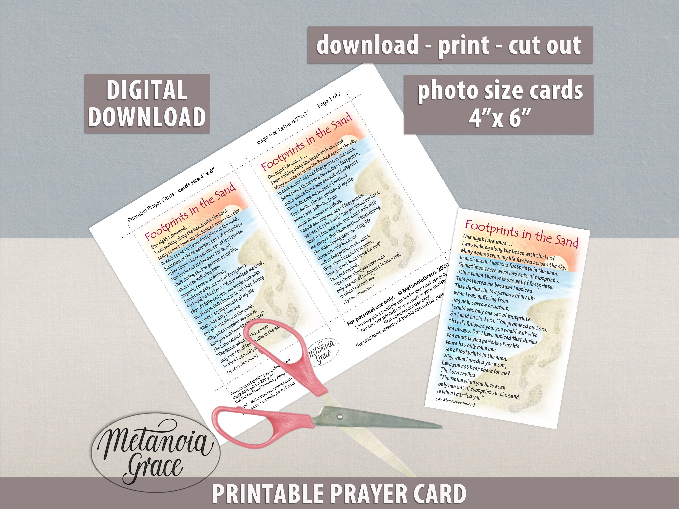 Footprints in the Sand Card, Printable Footsteps in the Sand Prayer ...