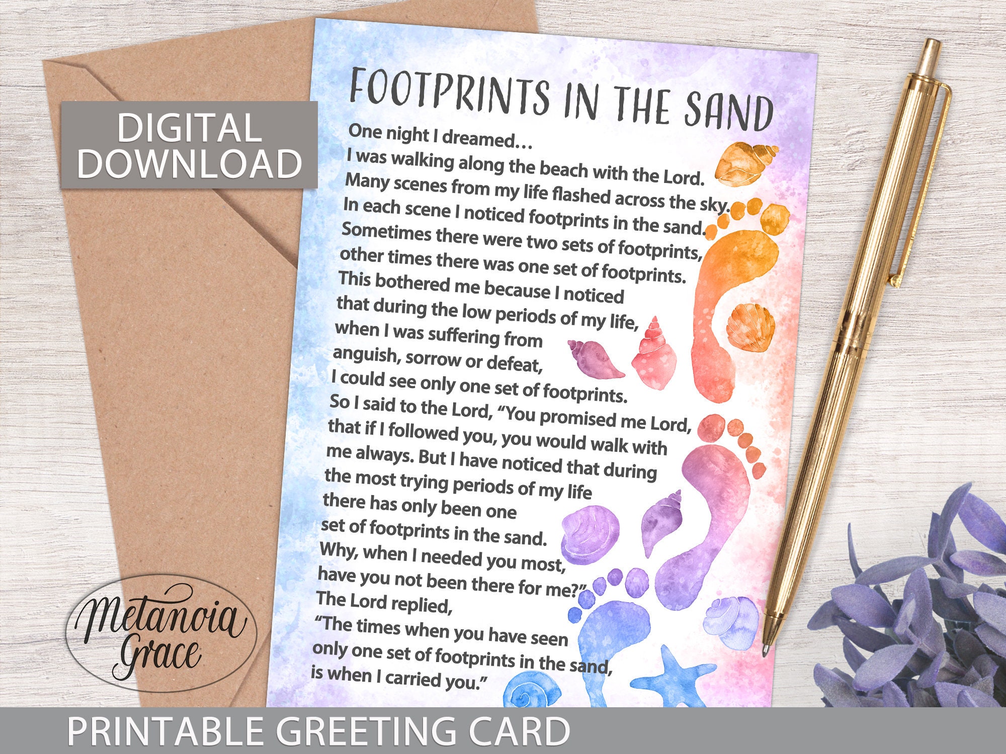 Footprints Printable Card, Footsteps Card, Footprints Poem Greeting ...