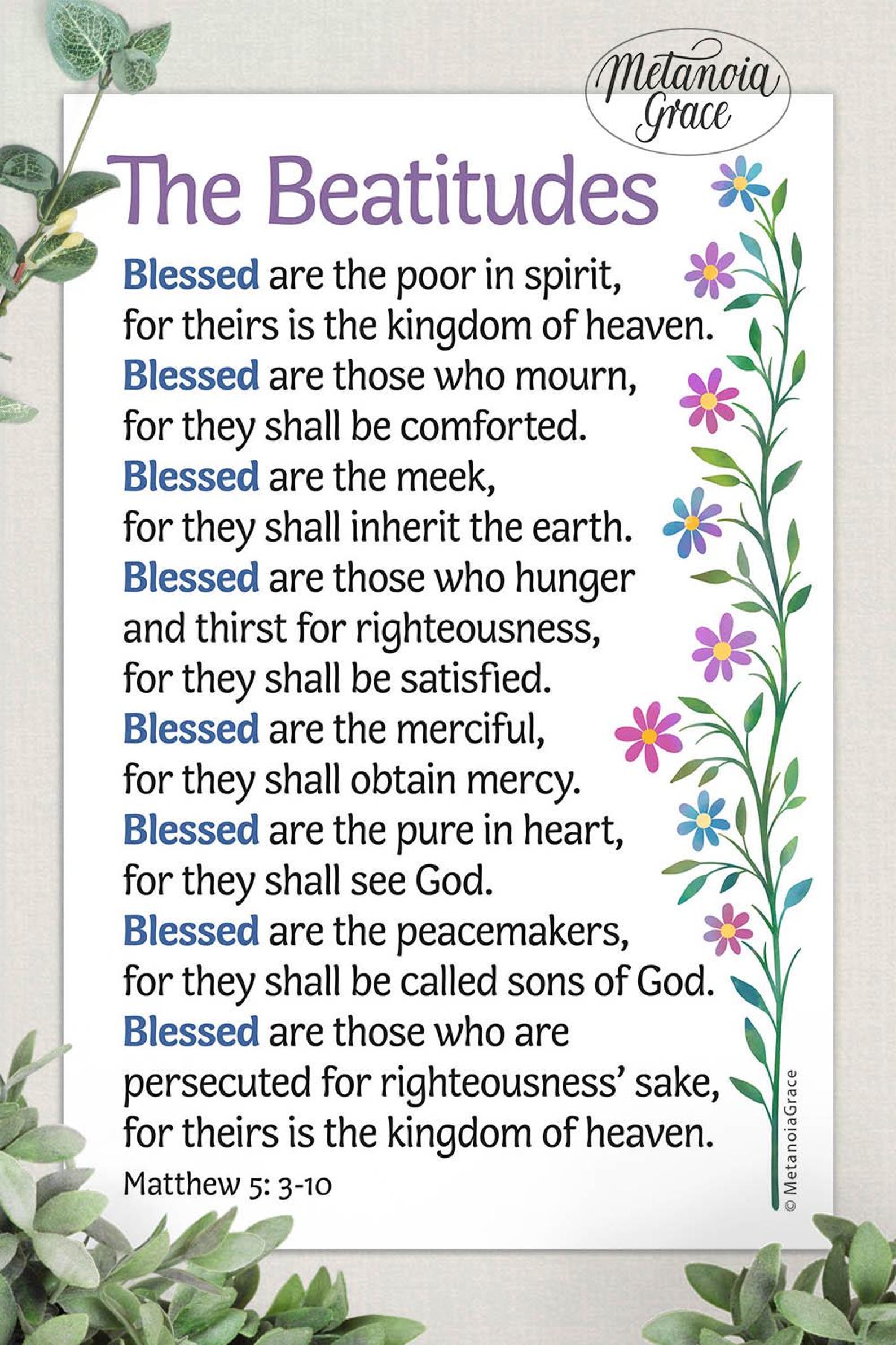 The Beatitudes Card, Printable Prayer Card, Matthew 5:3-10, Eight ...
