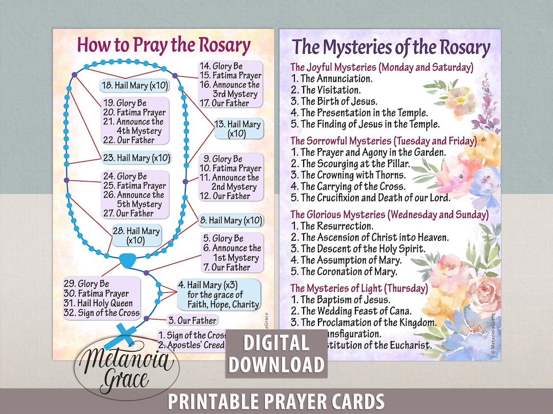 Printable Rosary Prayer Cards, Holy Rosary Diagram, Our Lady Rosary ...