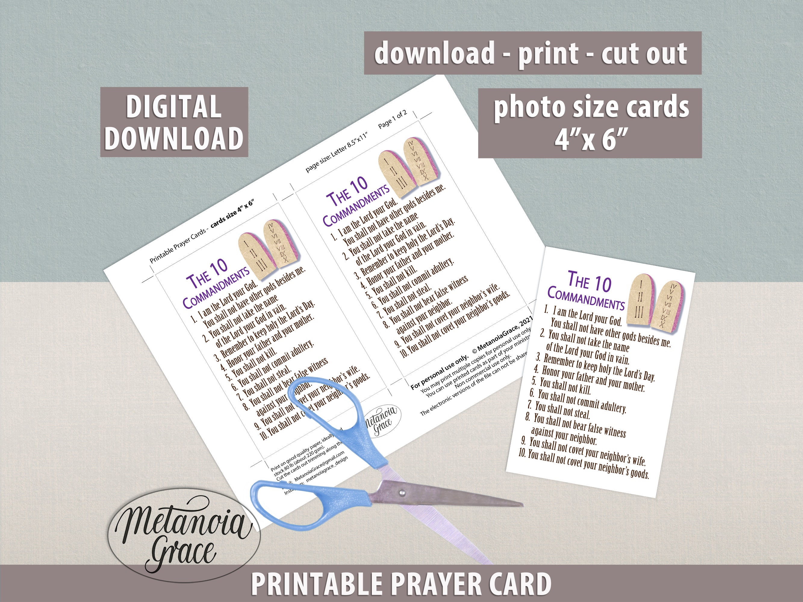 The Ten Commandments Prayer Card, Printable Card 10 Commandments, the ...