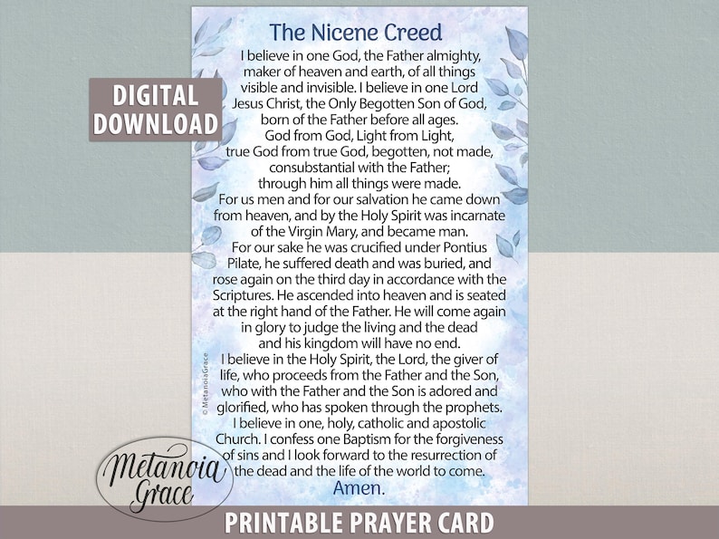 The Nicene Creed, Printable Creed Prayer Card, I Believe in One God ...