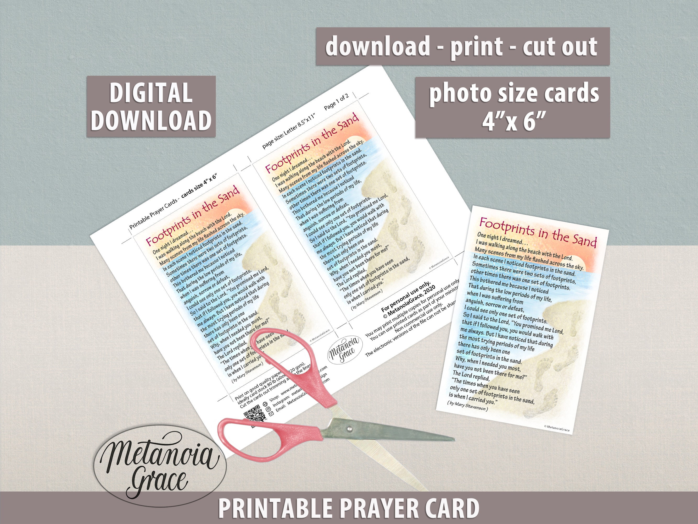Footprints in the Sand Card, Printable Footsteps in the Sand Prayer ...