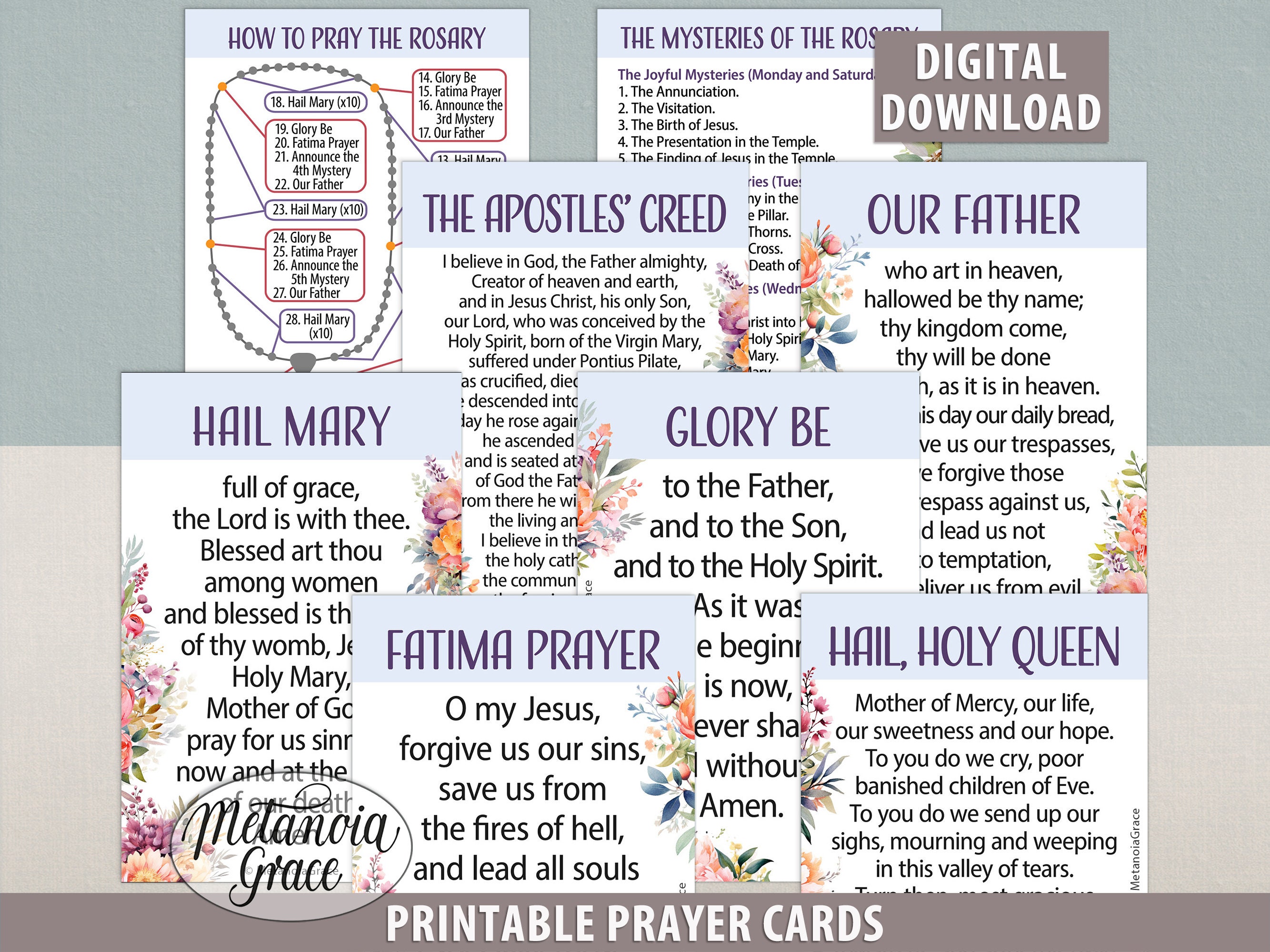 Printable Catholic Rosary Prayer Cards Set, How to Pray the Rosary ...