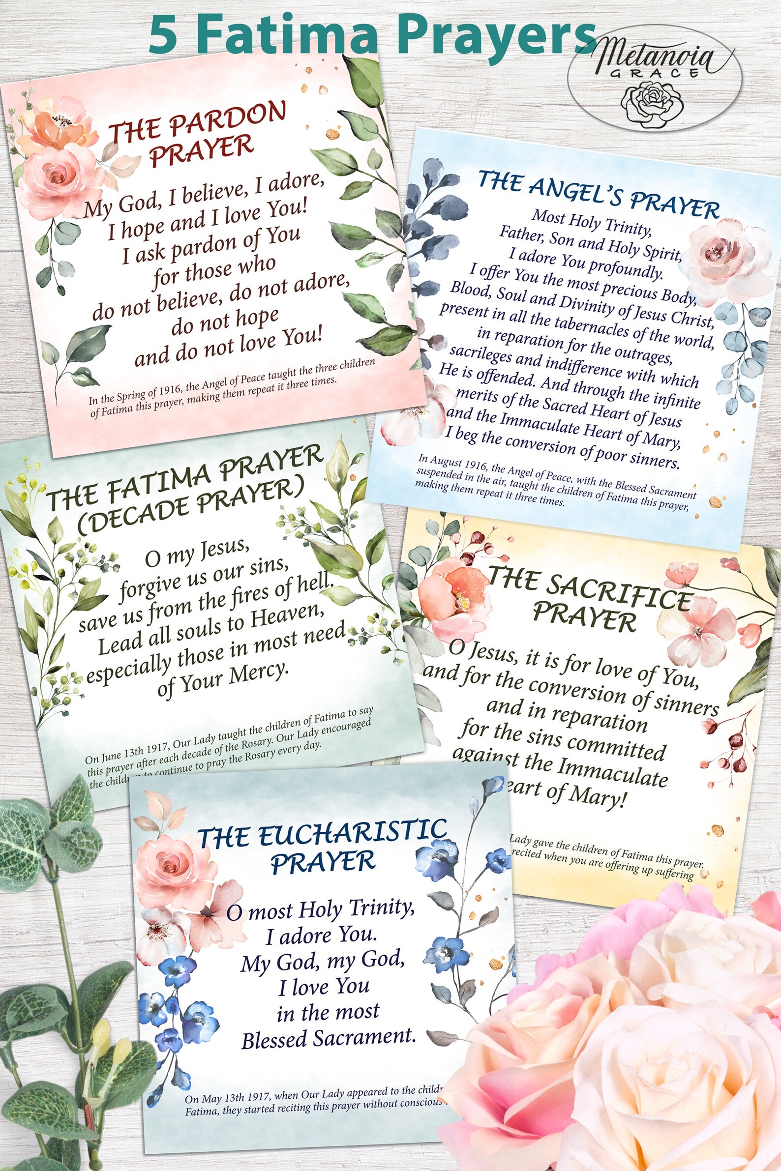 5 Fatima Prayers Cards Set, Our Lady of Fatima Prayer, Angels Prayer ...