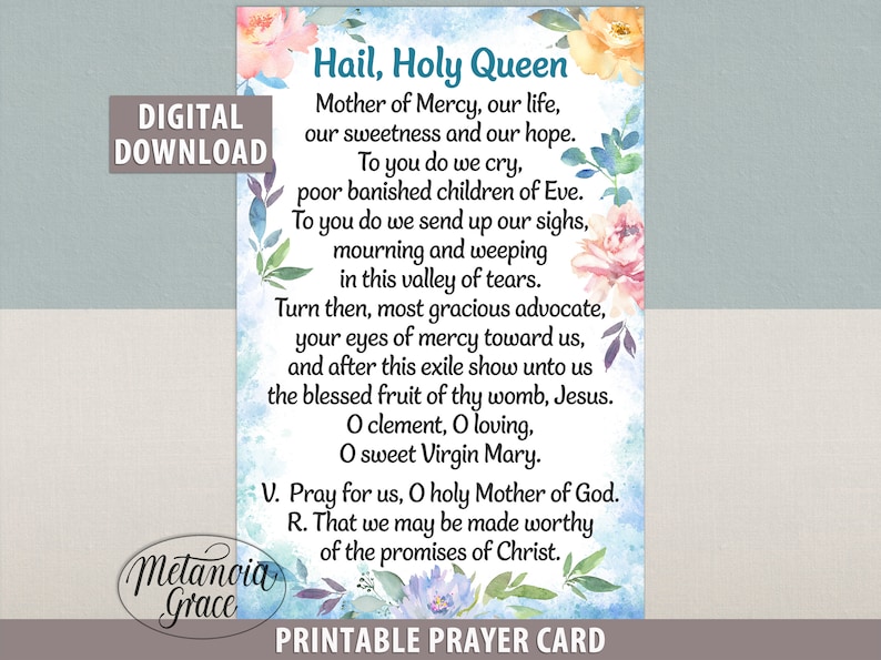 Hail Holy Queen Prayer Card, Printable Mother of Mercy Prayer, Salve ...