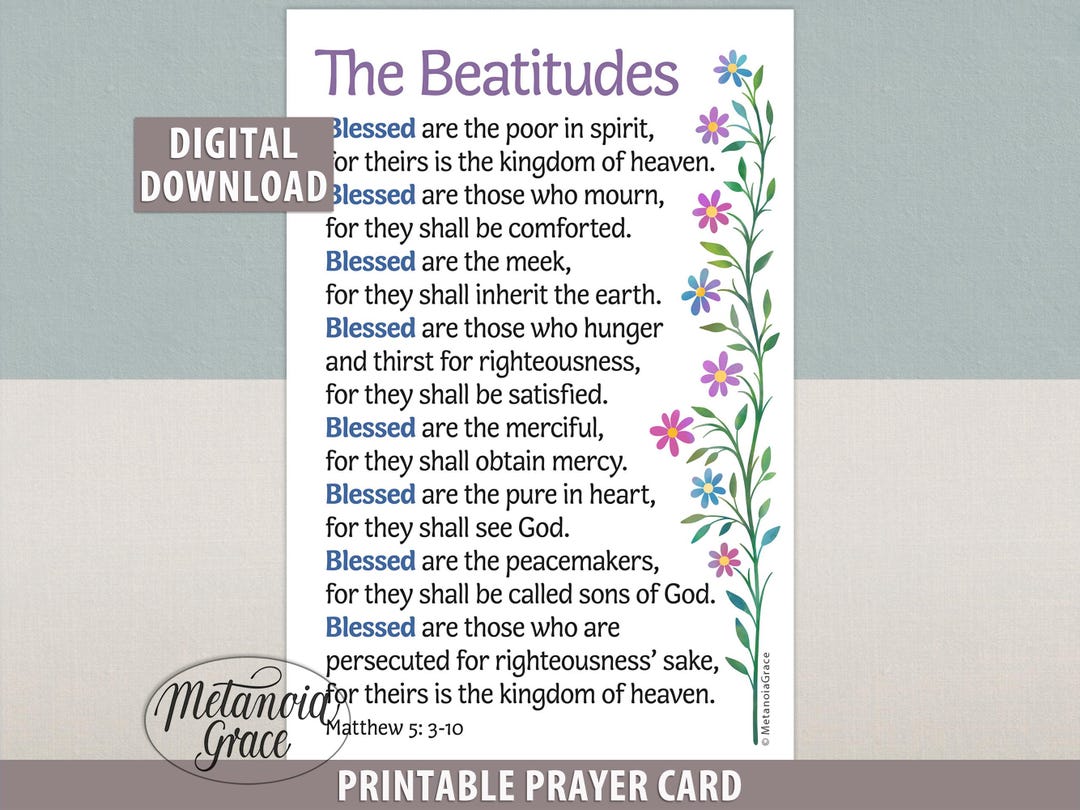 The Beatitudes Card, Printable Prayer Card, Matthew 5:3-10, Eight ...