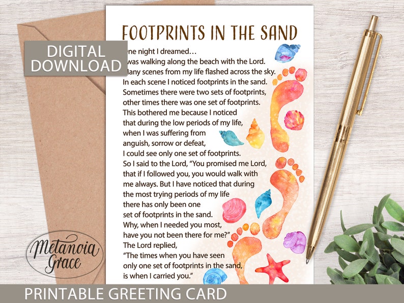 Footprints in the Sand Card, Footsteps in the Sand Card, Printable Card ...
