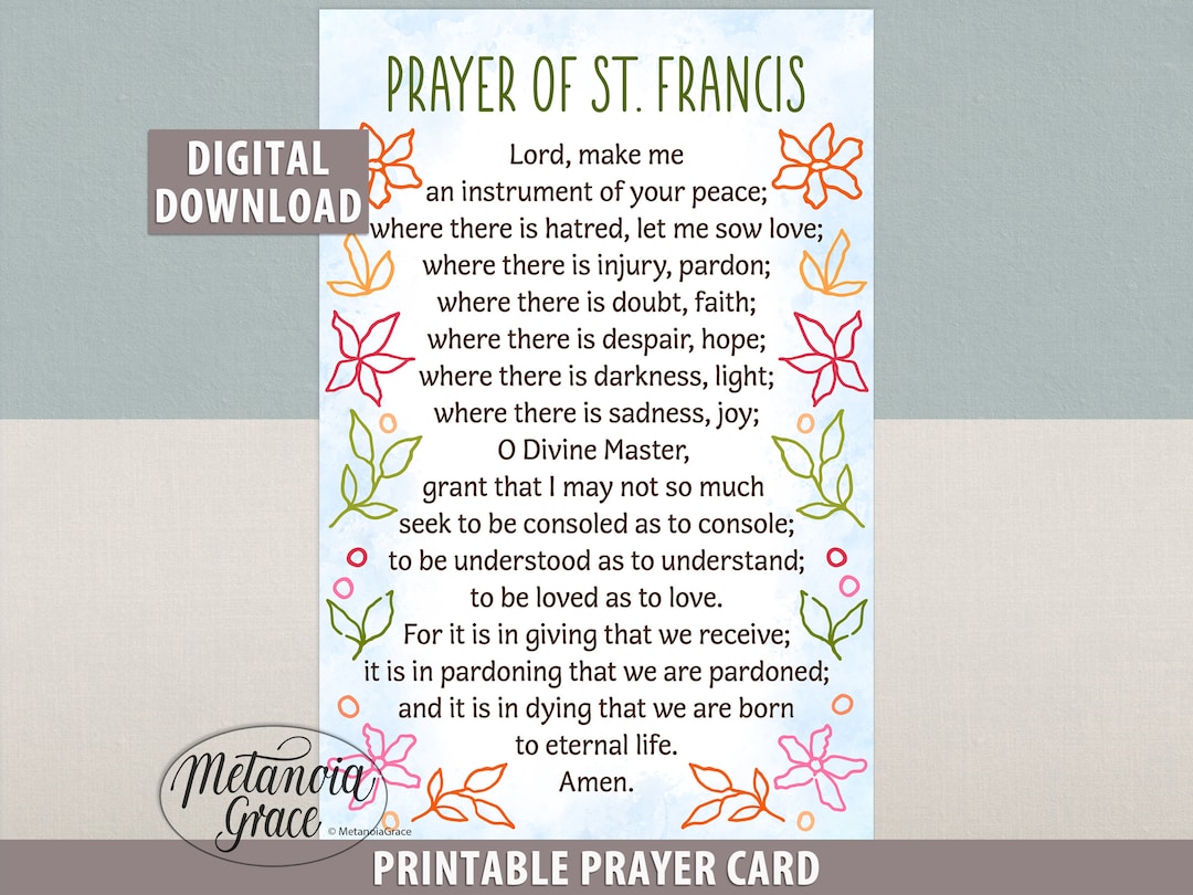 Prayer of St Francis Printable Card, Peace Prayer of Saint Francis, Prayer for Peace, Lord Make ...