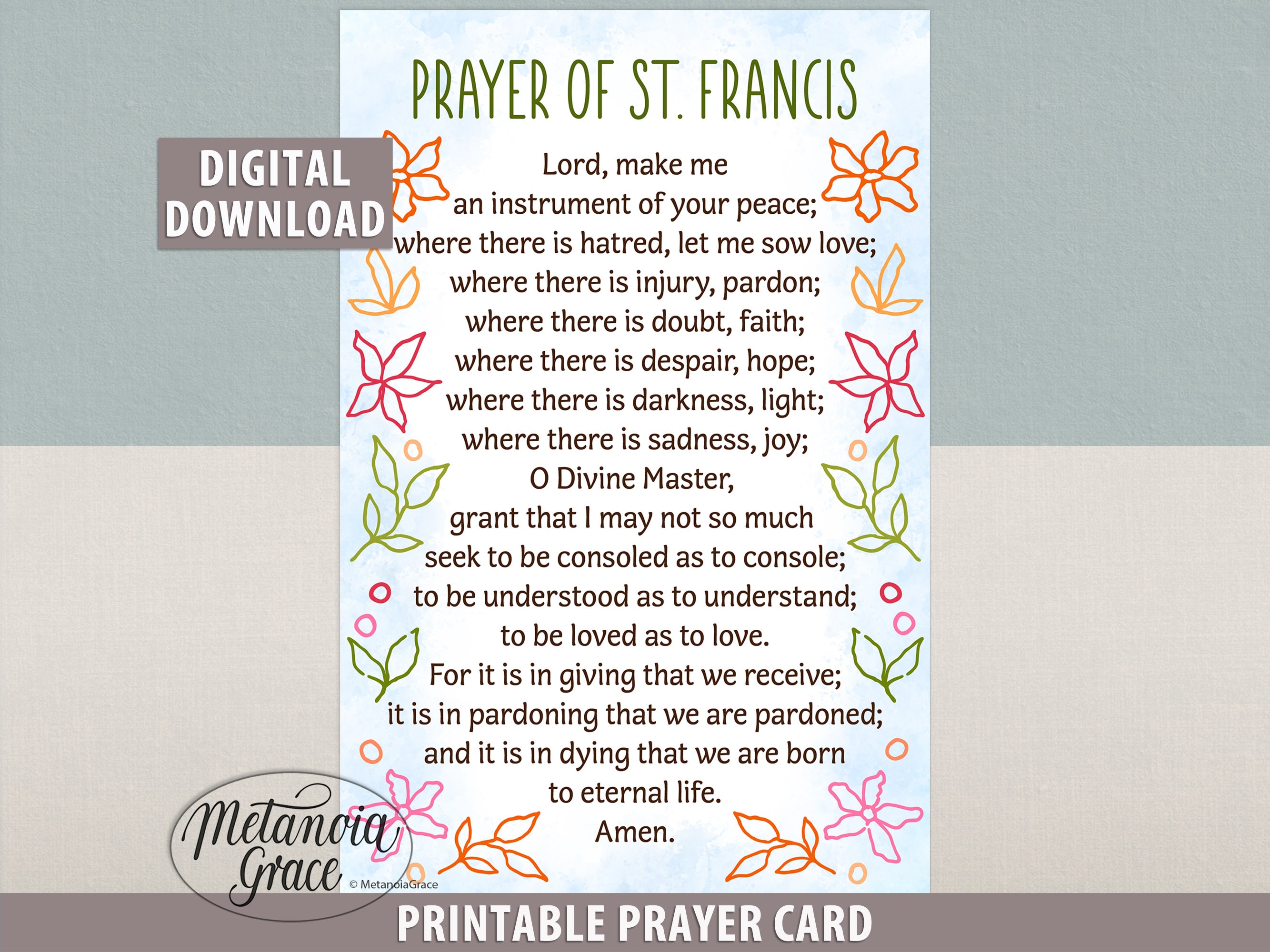 Prayer of St Francis Printable Card, Peace Prayer of Saint Francis ...