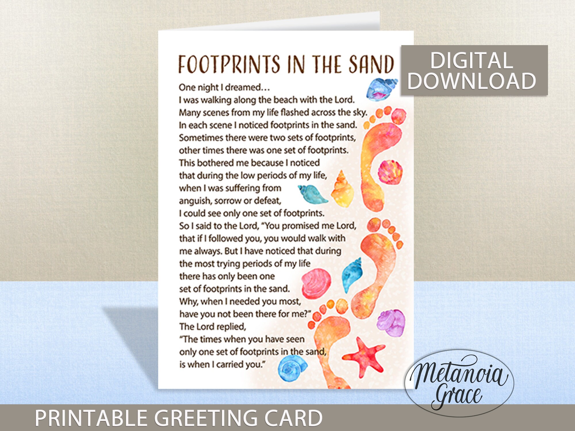 Footprints in the Sand Card, Footsteps in the Sand Card, Printable Card ...